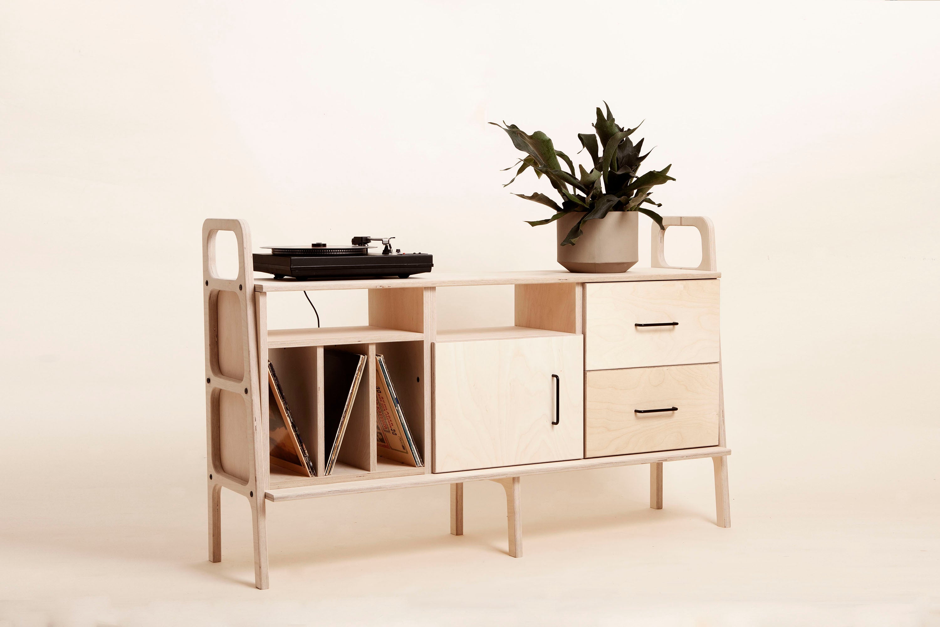Sideboard: Versatile Storage with Drawers, Vinyl Space, and Cabinet